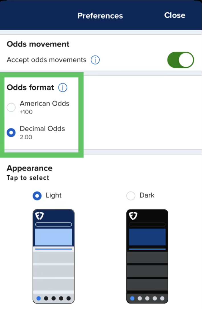 How do I change to decimal odds on FanDuel Sportsbook?