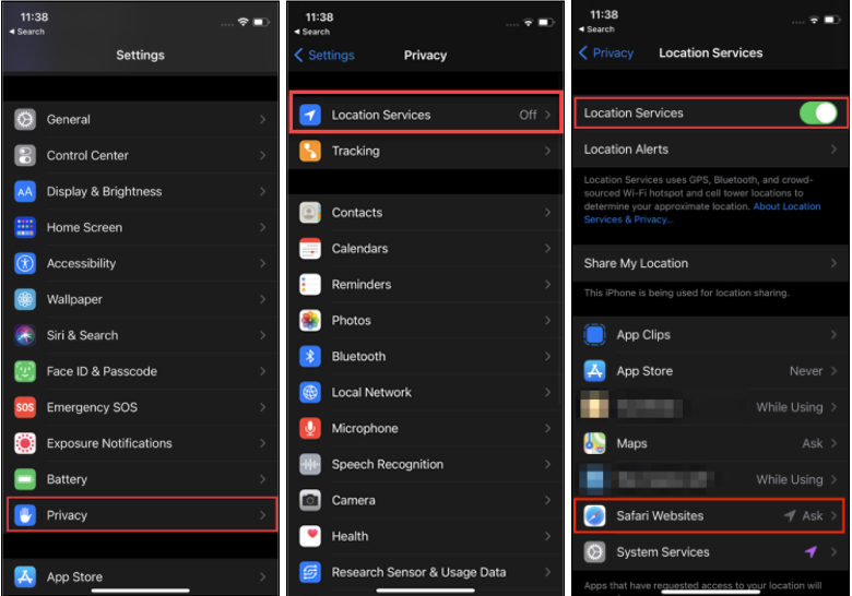 How do I share location data on Safari for iOS?
