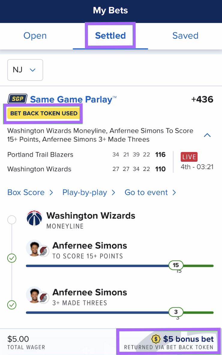 How does a Bet Back Token work on FanDuel?