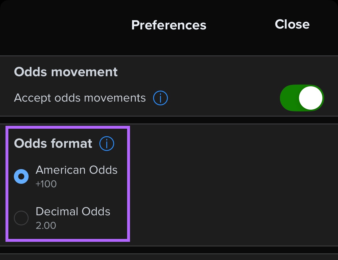 How do I change to decimal odds on FanDuel Sportsbook?